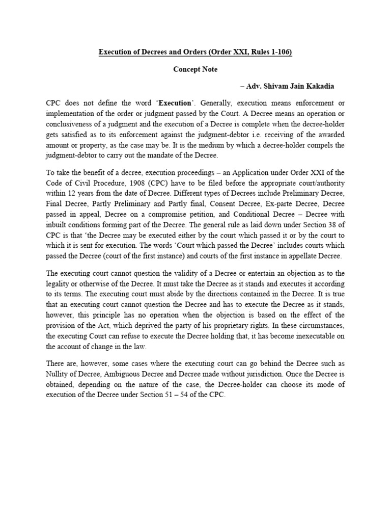 Execution of Decrees - CPC Note | PDF | Judgment (Law) | Decree