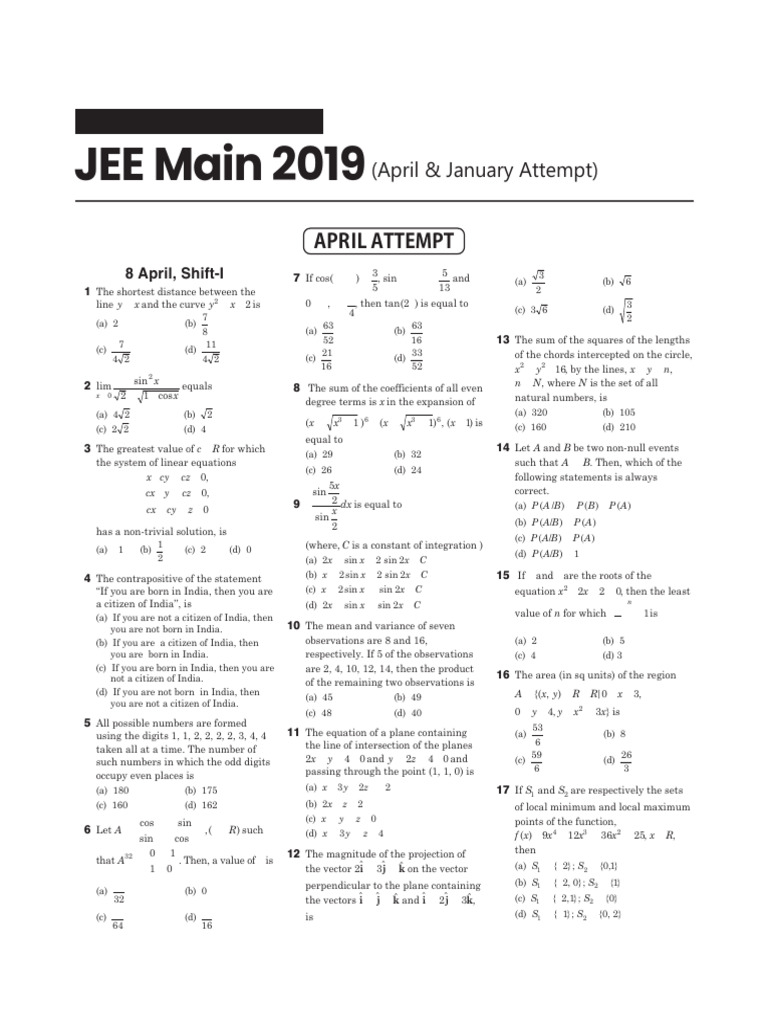 JEE Main 2019 Maths | PDF | Perpendicular | Cartesian Coordinate System