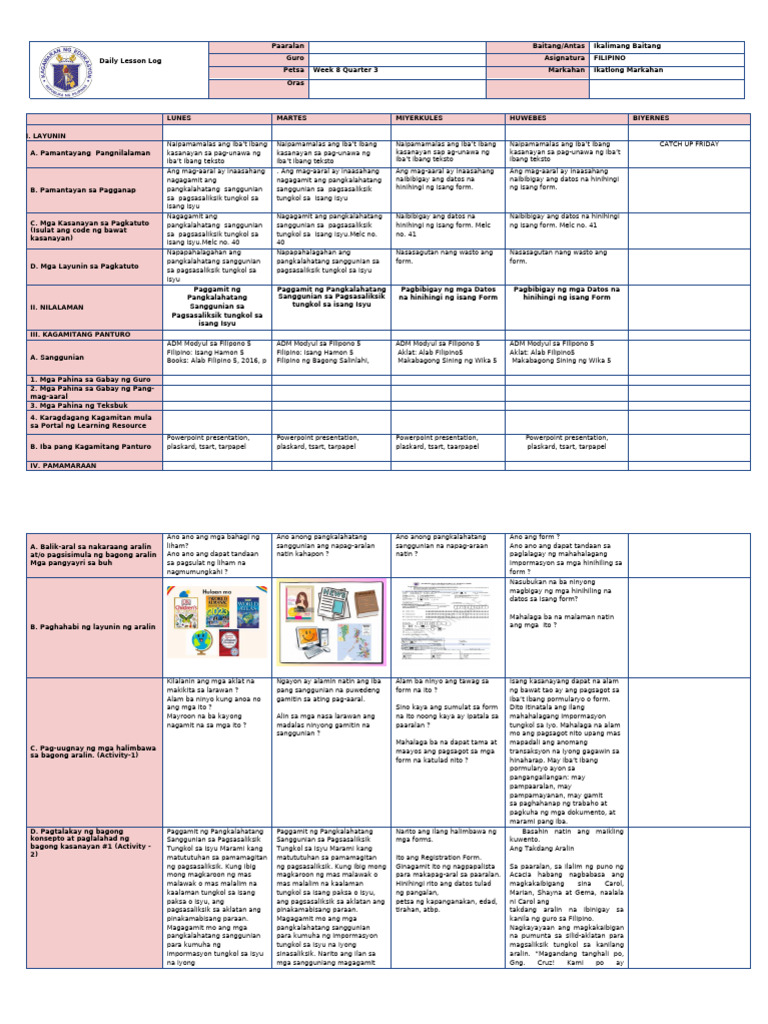 DLL Q3 W8 Filipino 5 | PDF