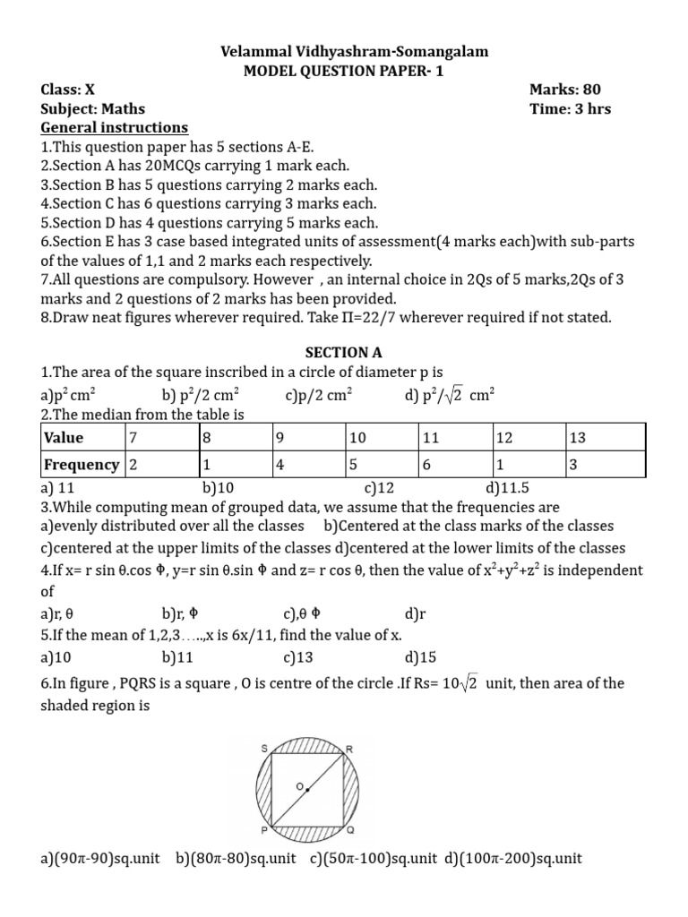 VV SM-GR 10 - Aths Model Question Paper Grade 10 | PDF | Circle ...