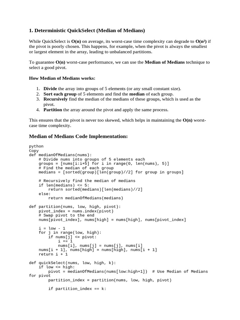 Deterministic Quickselect Median Of Medians Pdf Algorithms And Data Structures Algorithms