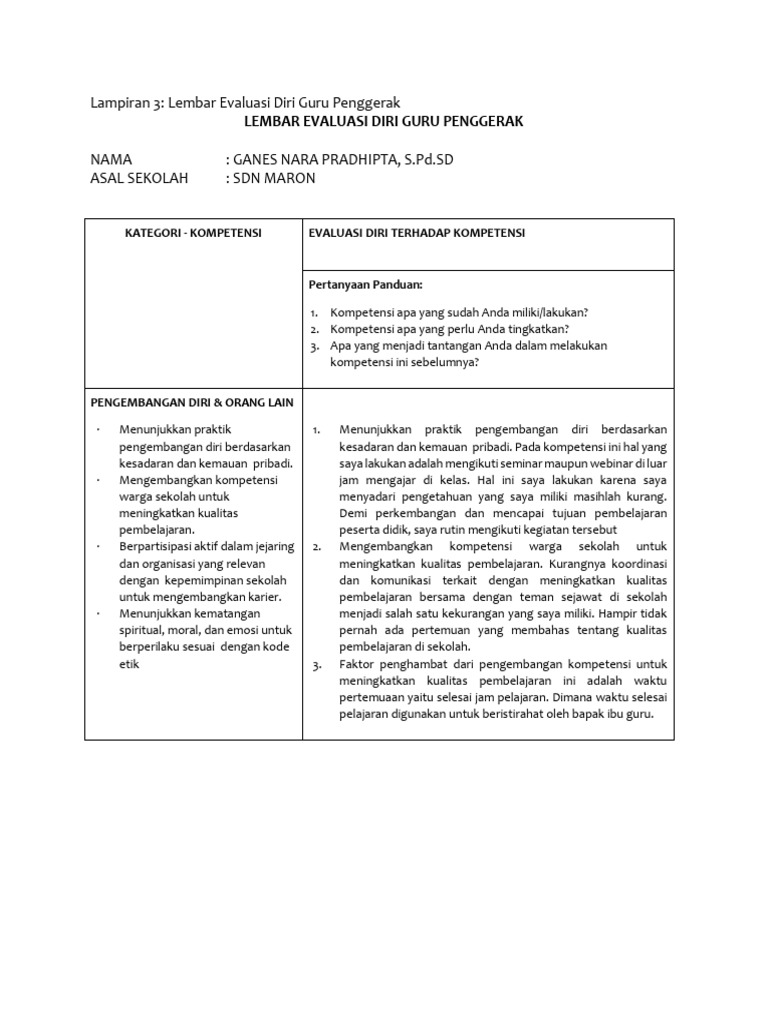 Lembar Evaluasi Diri Guru Penggerak - GANES N P | PDF