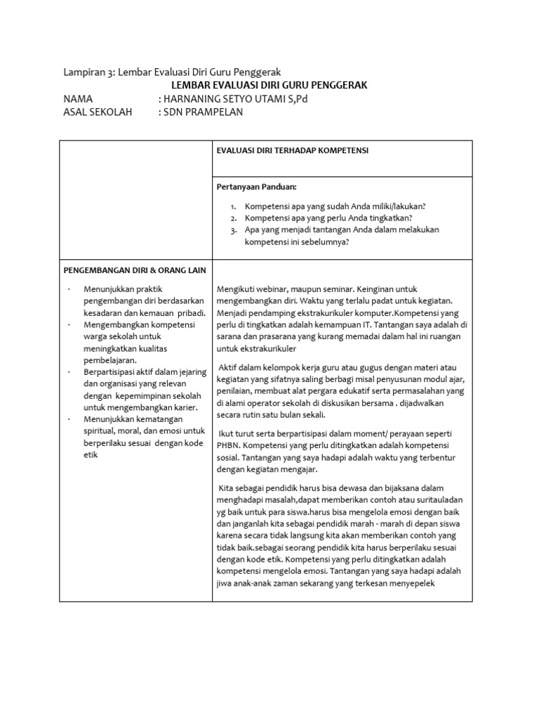 Lembar Evaluasi Diri Guru Penggerak - HARNANING SETYO | PDF