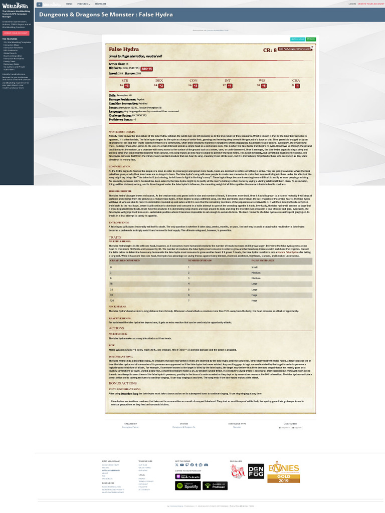 False Hydra - Monster - Dungeons & Dragons 5e - Statblocks & Sheets - World Anvil | PDF