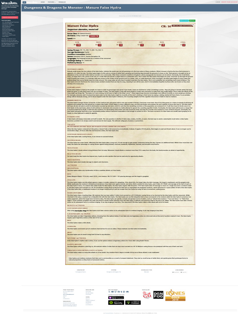 Mature False Hydra - Monster - Dungeons & Dragons 5e - Statblocks & Sheets - World Anvil | PDF