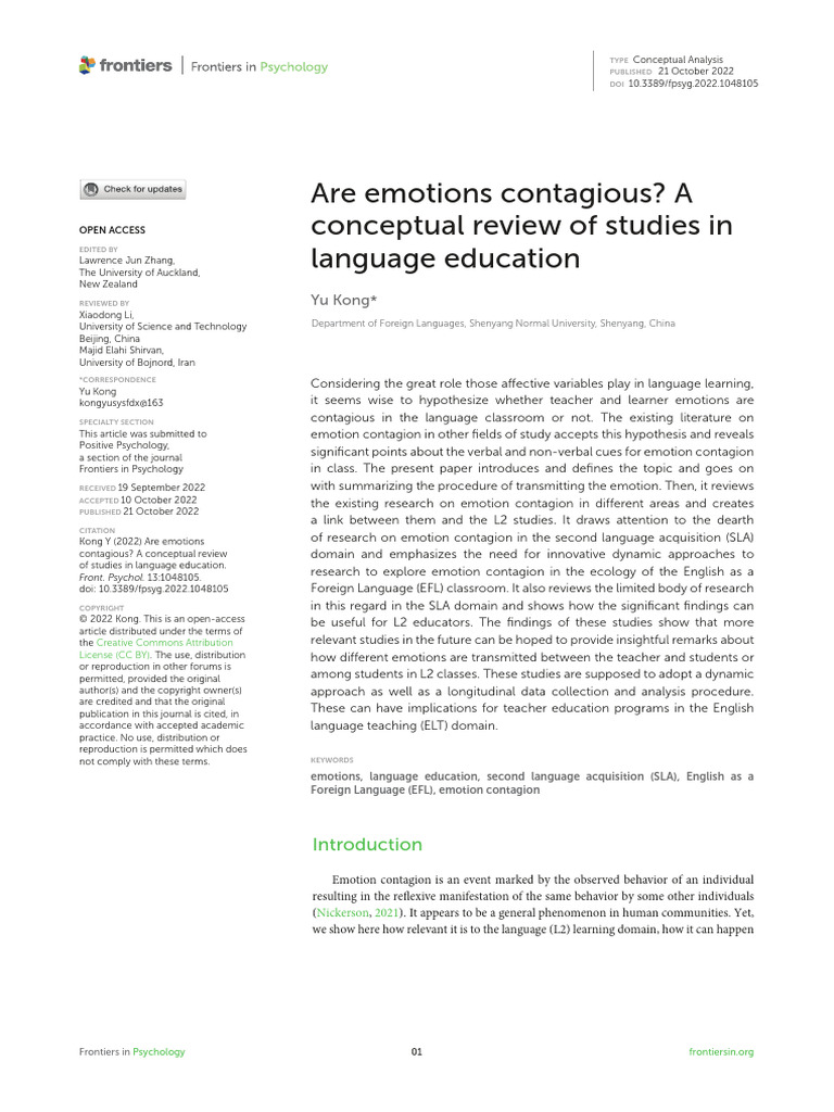 Are Emotions Contagious A Conceptual Review of Studies in Language Education | PDF | Second ...