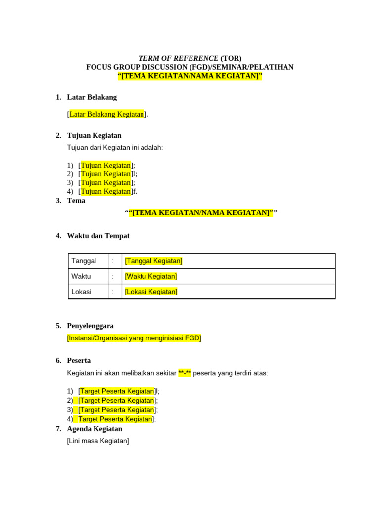 Template TOR FGD dan Acara | PDF
