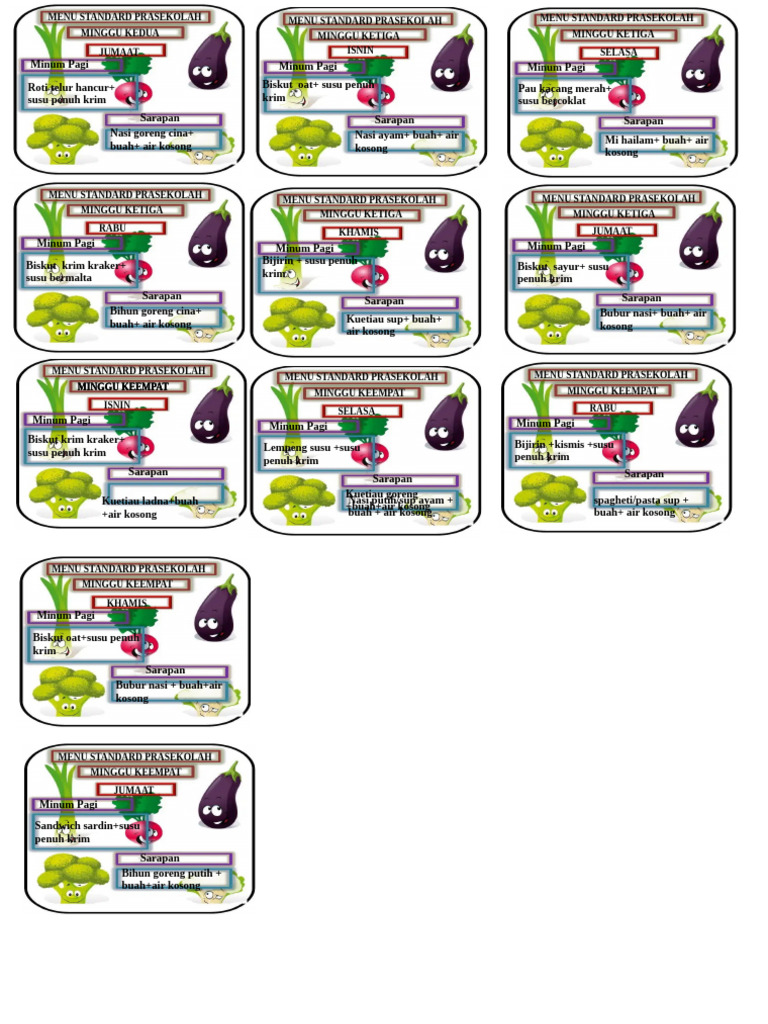 Menu Standard Prasekolah | PDF