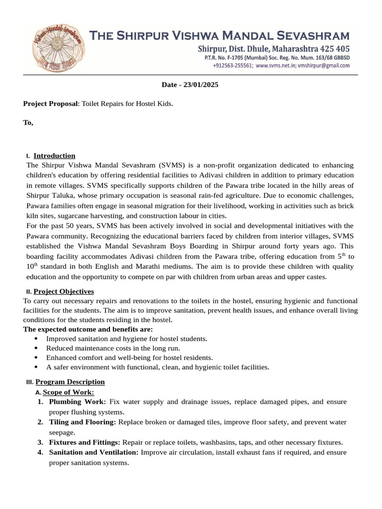 Project Proposal for - Toilet Repairs - Boarding | PDF | Sanitation ...