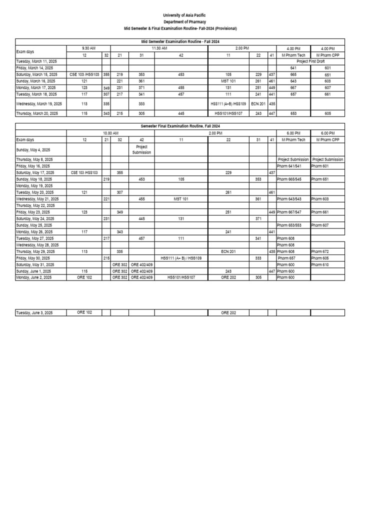 Mid Semester Final Exam Routine Fall 2024 | PDF | Academic Term