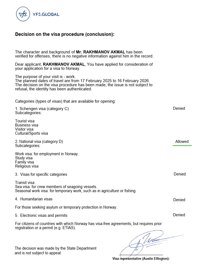 Decision On The Visa Procedure RAKHMANOV AKMAL | PDF