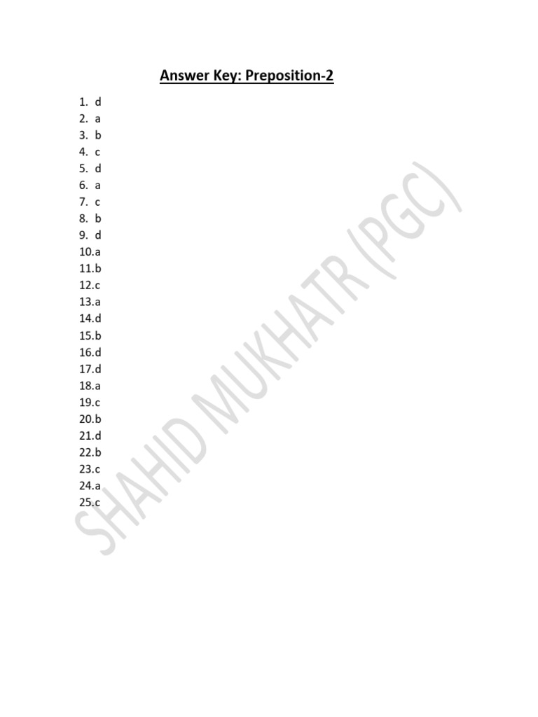 Answer Key (Preposition - 2) Second Year | PDF