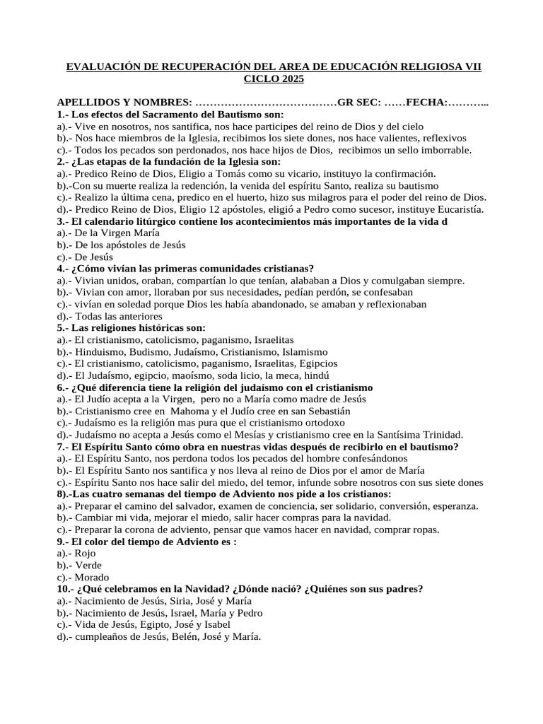 Eval Recuperación Educ Religiosa 2025 | PDF | María, madre de Jesús | espíritu Santo