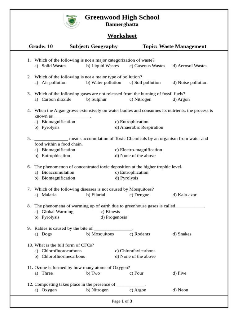 Waste Management-Woksheet - 1 | PDF | Eutrophication | Pollution