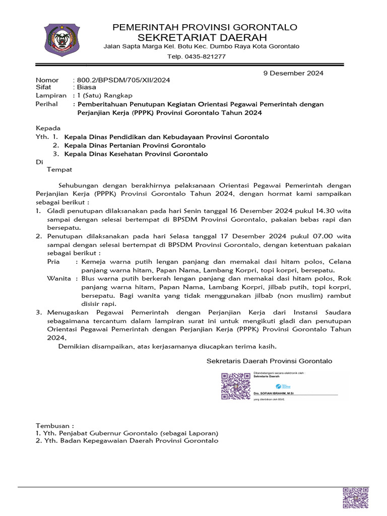 Surat Pemberitahuan Penutupan Kegiatan Orientasi PPPK 2024 | PDF