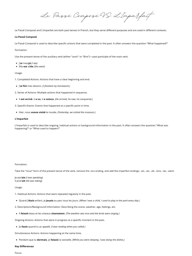 Le Passé Composé VS L'Imparfait | PDF | Language Mechanics | Grammar