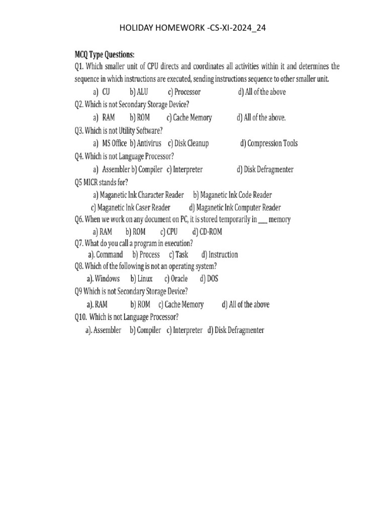 CS XI Holiday Homework 2024 | PDF