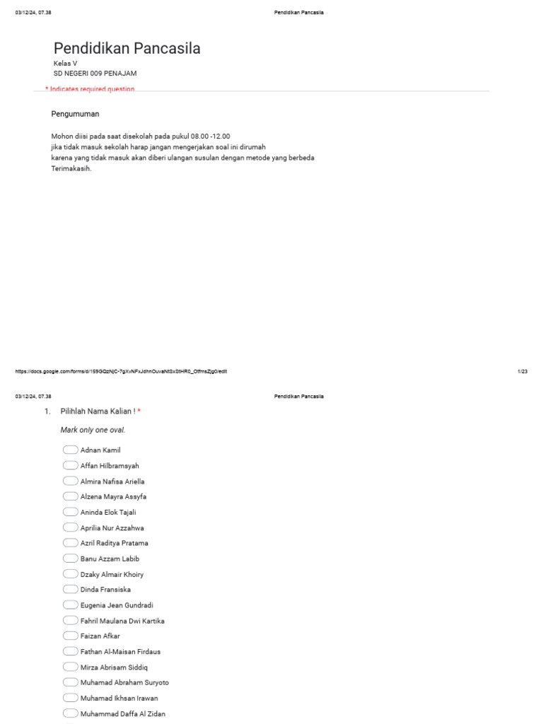 Pendidikan Pancasila KELAS 5 - Google Forms | PDF