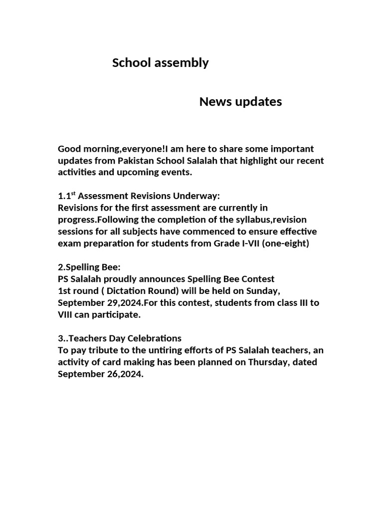 School Assembly Updates: Events & Activities | PDF