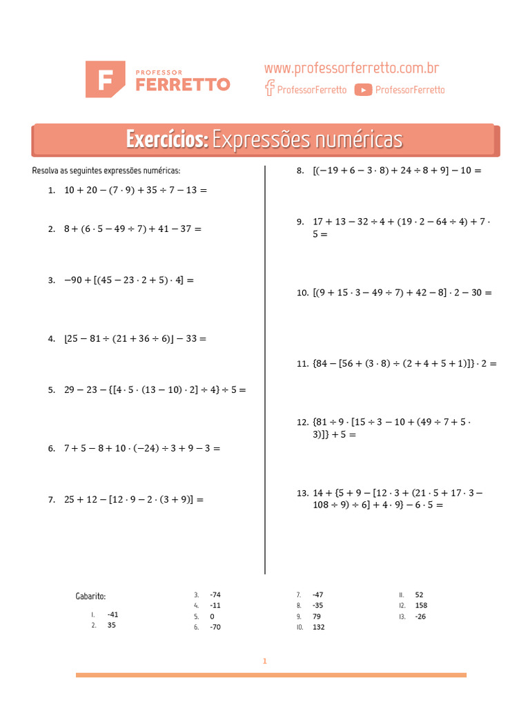 Expressões Numéricas - Exercicios | PDF
