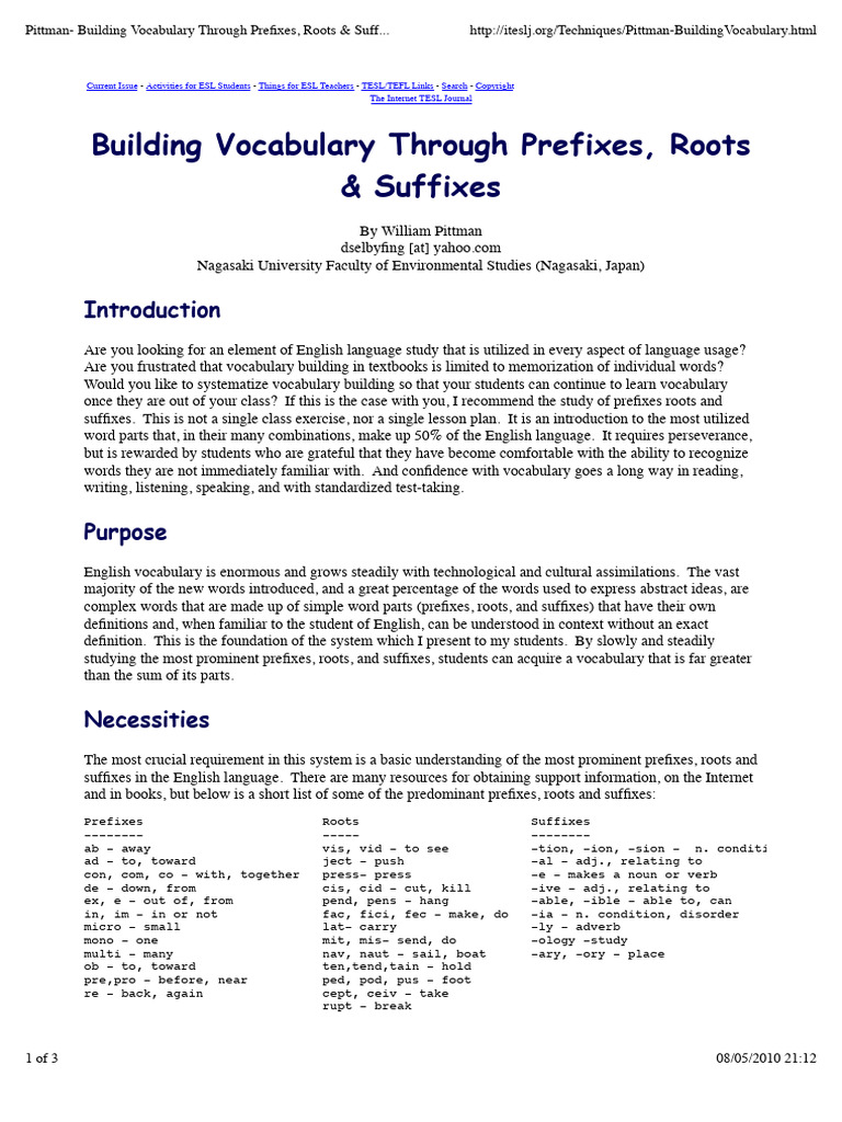 Building Vocabulary Through Prefixes, Roots & Suffixes | PDF ...