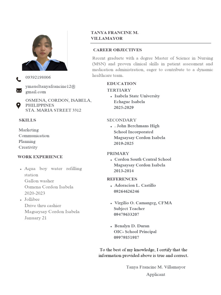 Nursing Graduate Resume of Tanya Villamayor | PDF