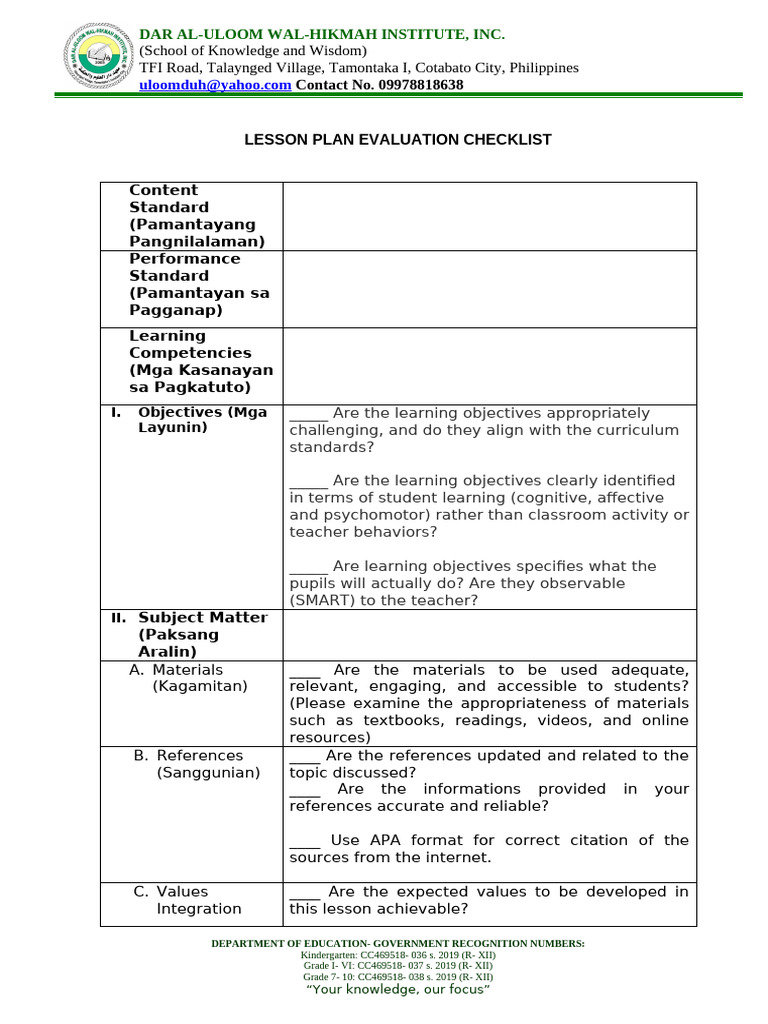 LP-Checklist | PDF | Learning | Teachers