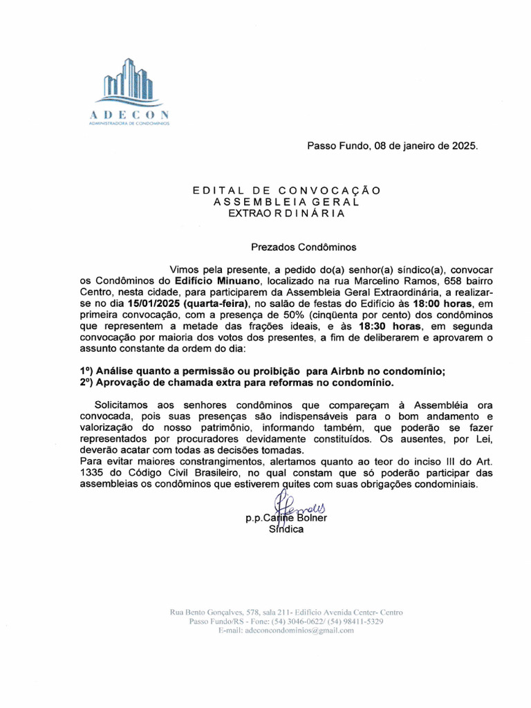Edital Assembleia 15 01 2025 - 20250108 - 0001 | PDF | Condomínio