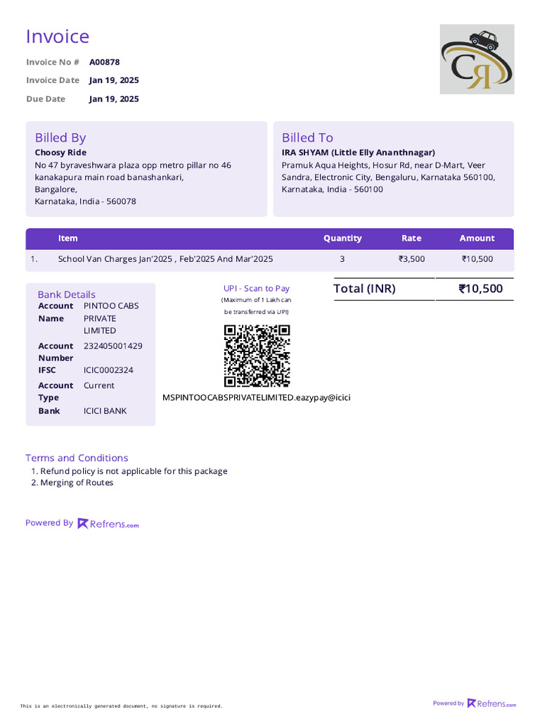 Invoice A00878 Choosy Ride Ira Shyam Little Elly Ananthnagar | PDF