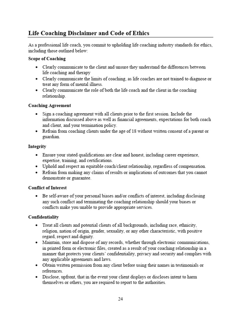 Life Coaching Ethics & Disclaimer | PDF