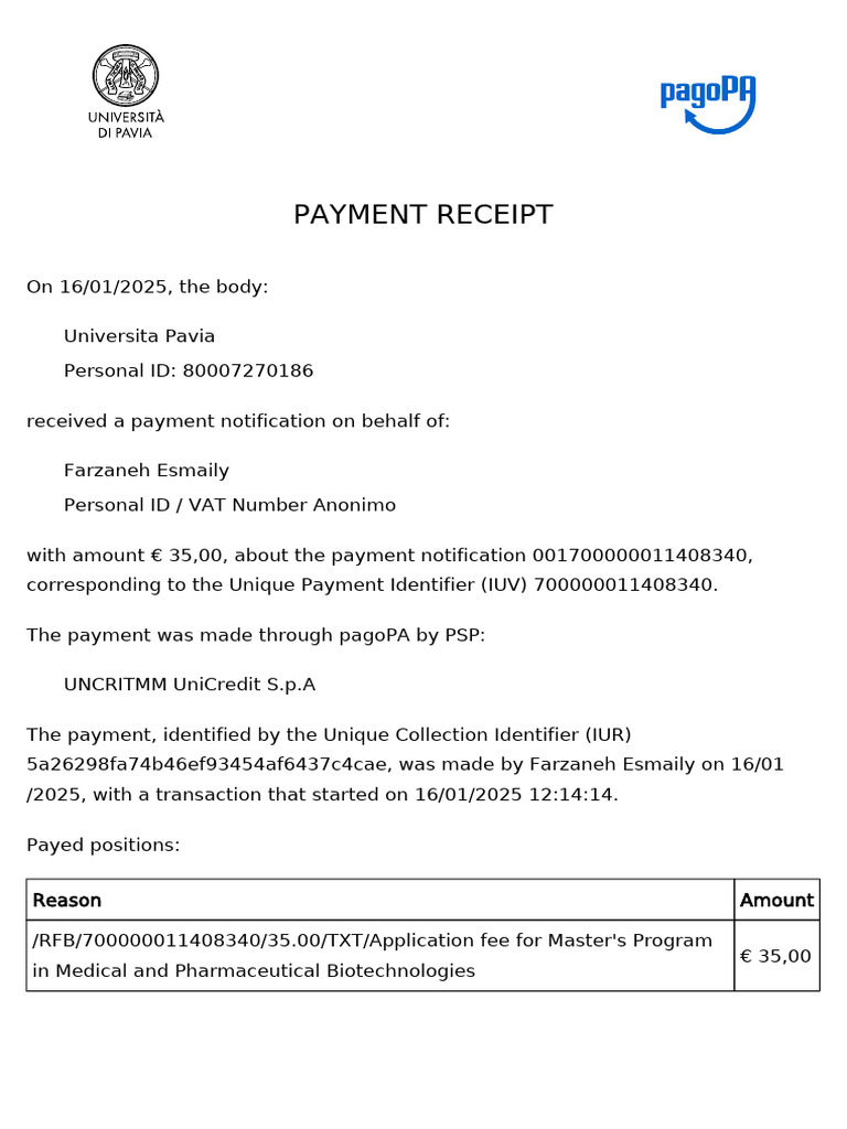 Payment Receipt for Master's Program Fee | PDF
