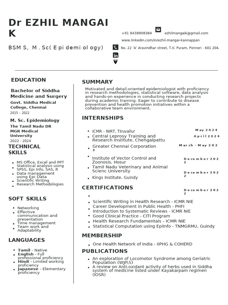 DR EZHIL MANGAI K RESUME | PDF | Medicine | Health Care