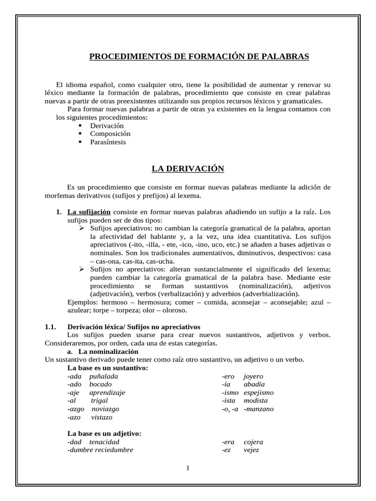 Formación de Palabras en Español | PDF | Palabra | Parte del discurso