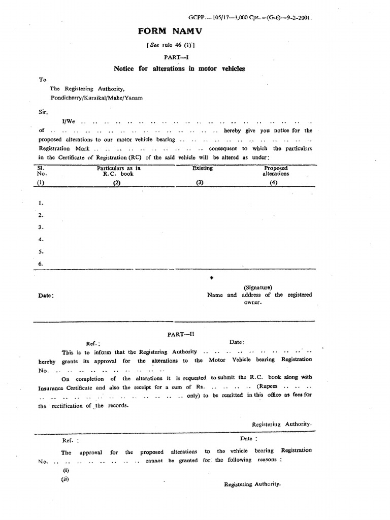 RTO NAMV Form for Vehicle Alterations | PDF
