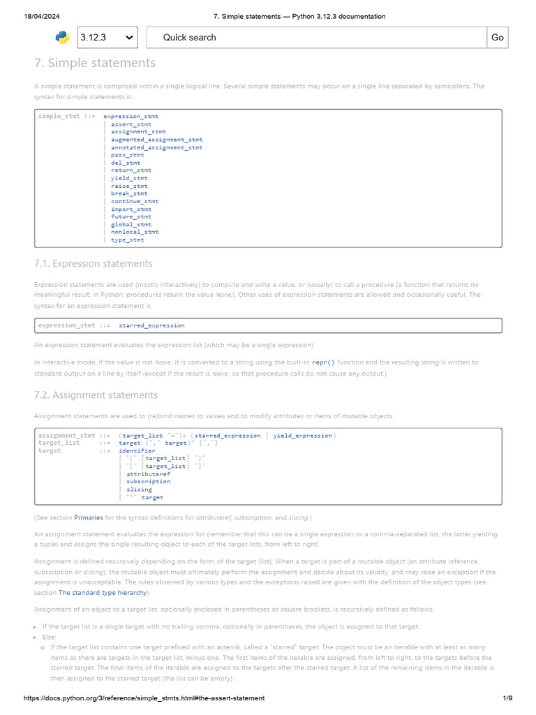 Simple Statements - Python 3.12.3 Documentation | PDF | Scope (Computer ...