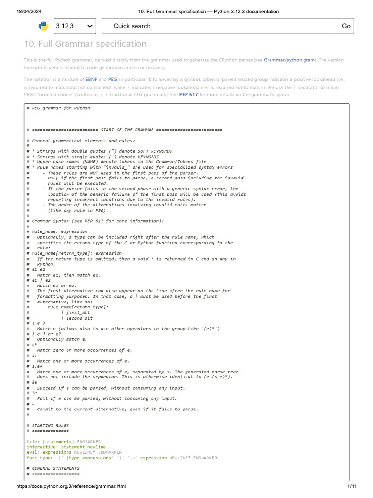 10. Full Grammar Specification — Python 3.12.3 Documentation | PDF ...