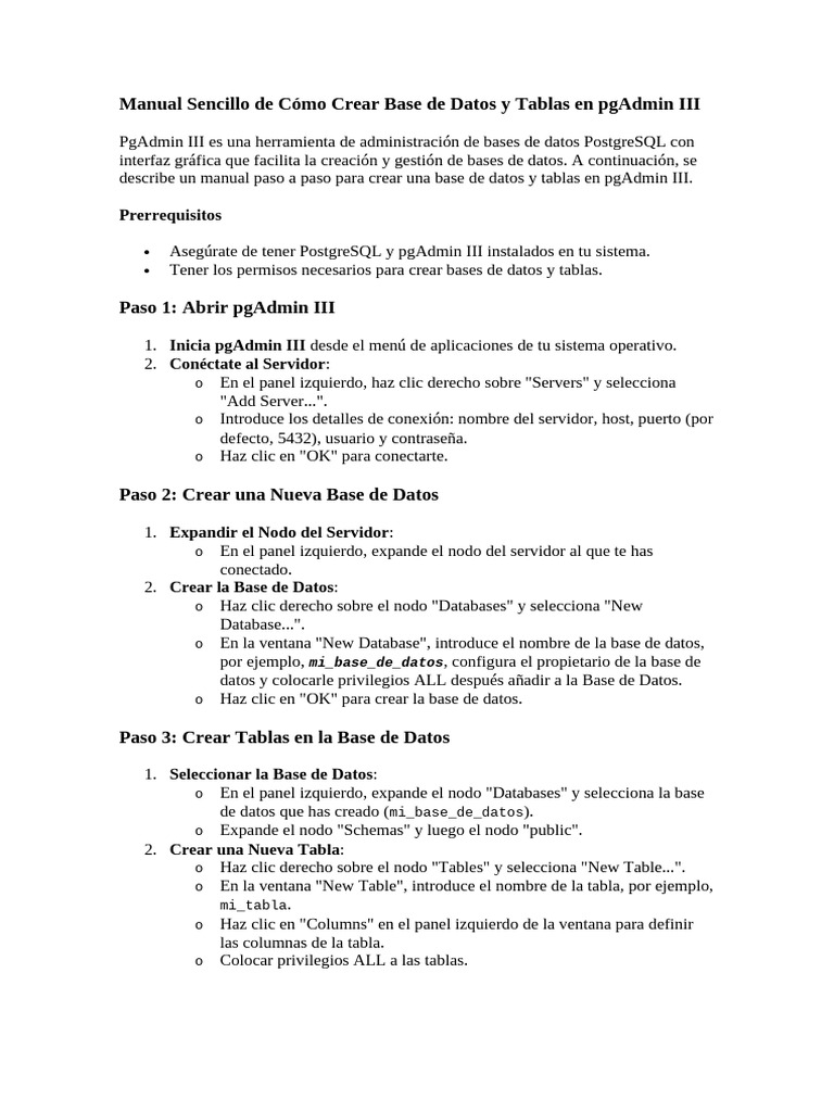 Manual Sencillo de Cómo Crear Base de Datos y Tablas en Pgadmin III ...