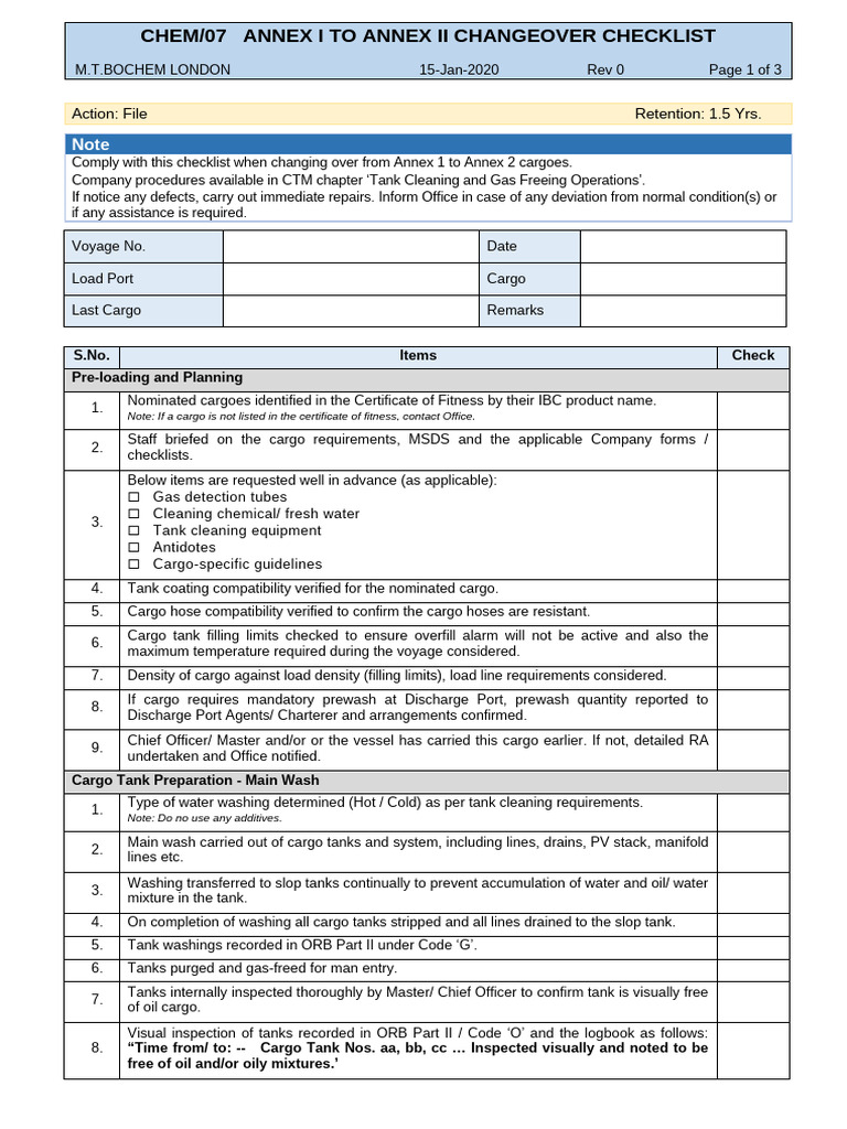 CHEM-07 Annex I To Annex II Changeover Checklist | PDF