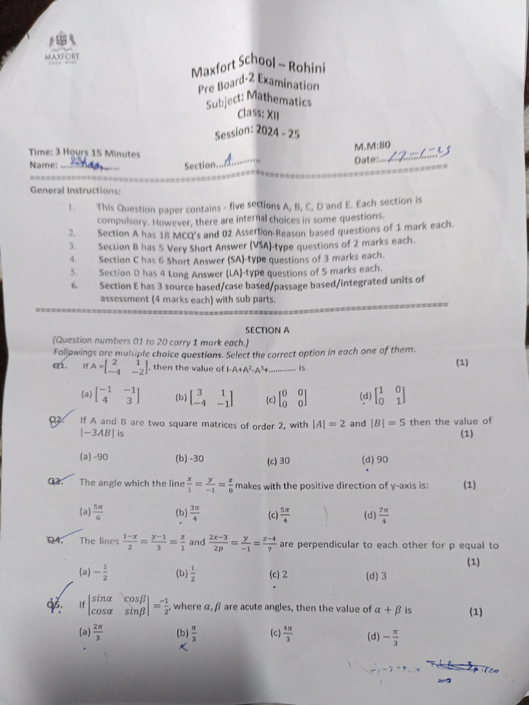 Maxfort Maths Pre Board 2 | PDF | Geometry | Algebra