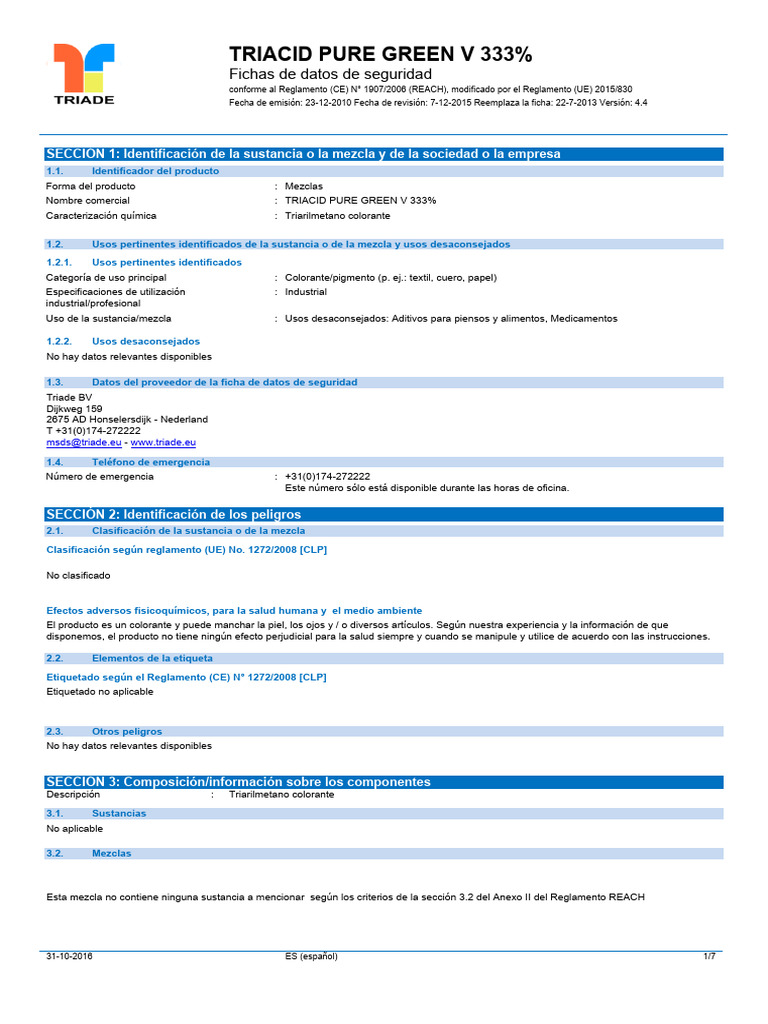 Ficha Seguridad TRIACID PURE GREEN | PDF | Agua | Residuos