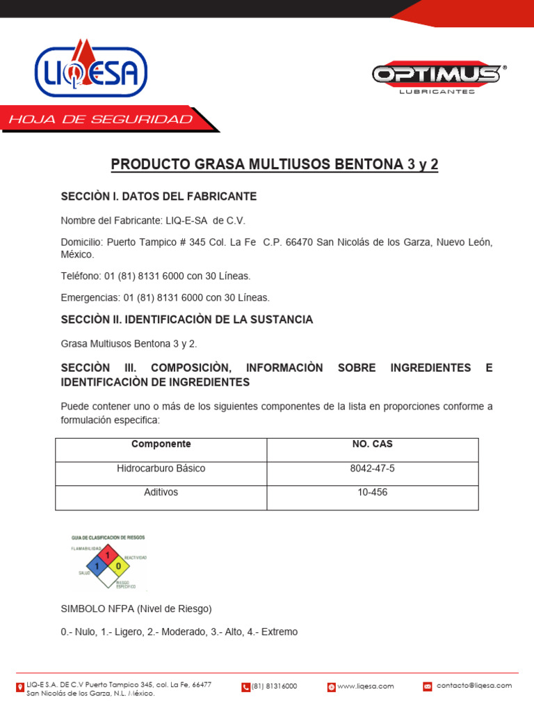 Hoja de Seguridad Grasa Multiusos Bentona | PDF | Guante | Agua