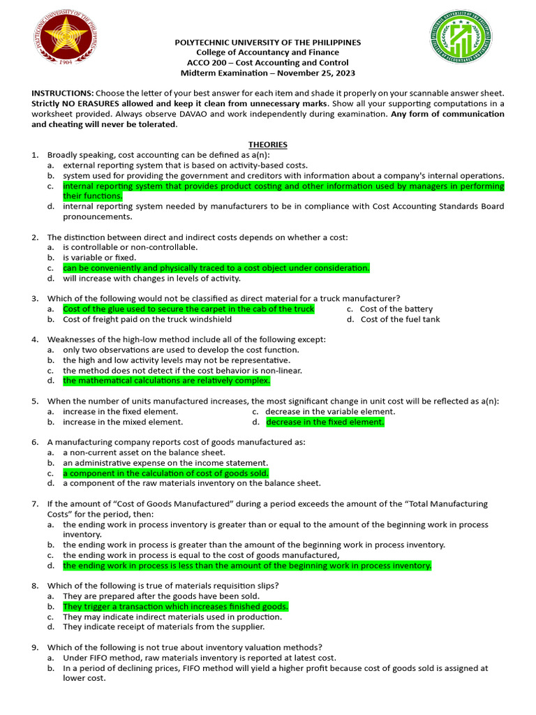 Cost Accounting Midterm Exam 2023 | PDF | Cost Of Goods Sold | Inventory