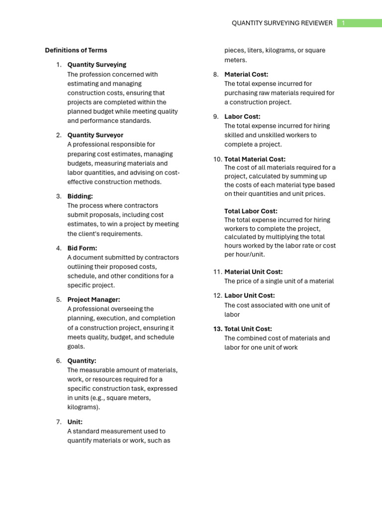 QS-REVIEWER-TERMINOLGIES | PDF | Beam (Structure) | Plumbing
