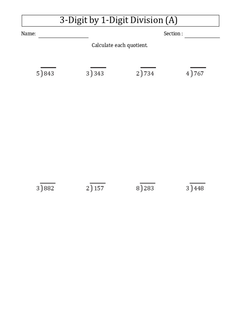 3-Digit by 1-Digit Division Practice | PDF