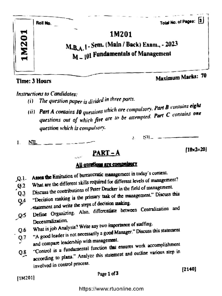 Mba 1 Sem Fundamentals of Management 1m201 2023 | PDF