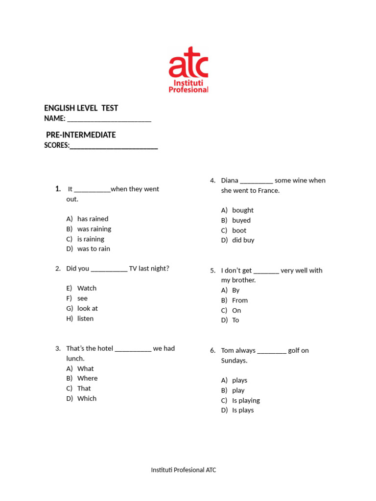 Pre Intermediate English Level Test Pdf