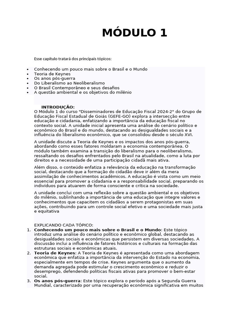 Disseminadores Modulo 1, Resumo | PDF | Economia | Neoliberalismo