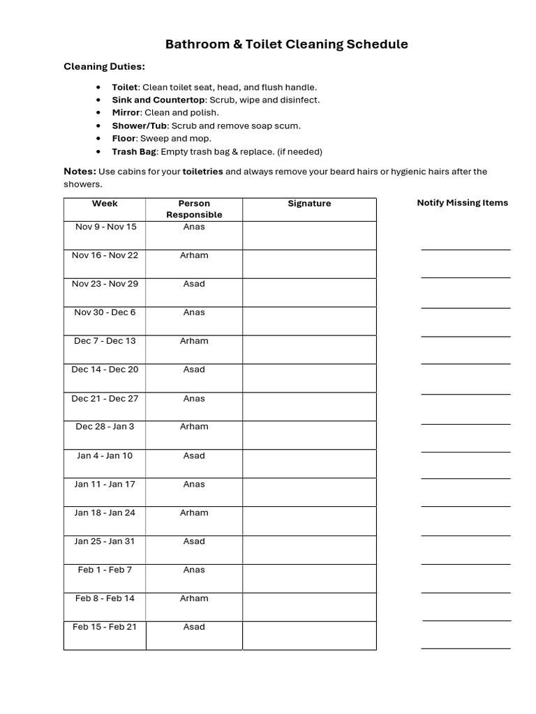 Bathroom Cleaning Schedule for Arham | PDF