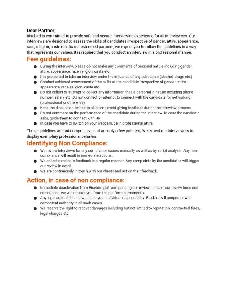 Risebird Interview Compliance Guidelines | PDF