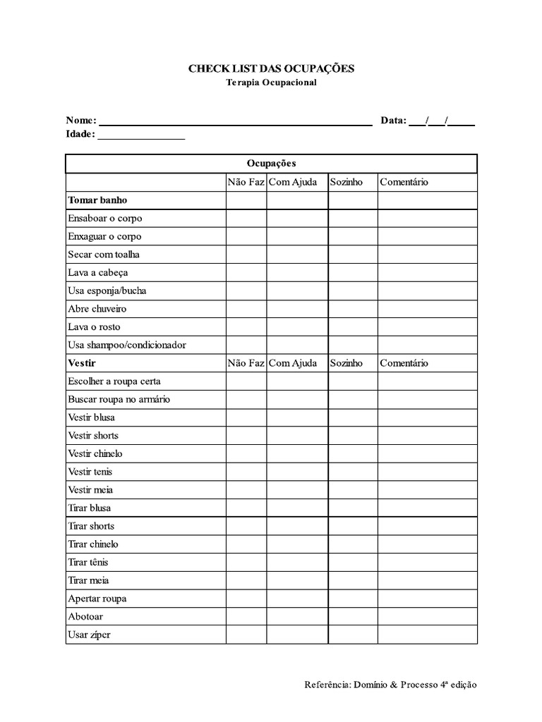 Checklist Das Ocupações Terapia Ocupacional | PDF
